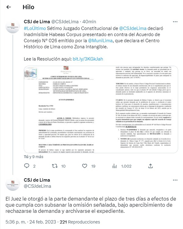 Pj Declaró Inadmisible Hábeas Corpus Presentado Contra Acuerdo Que