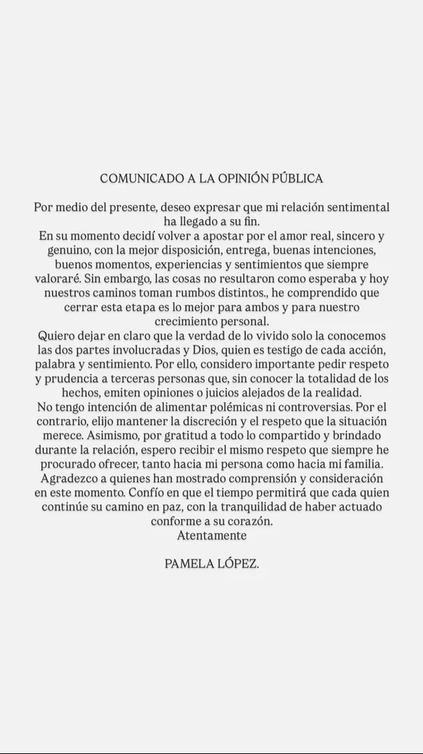 Pamela López anunció separación de Paul Michael